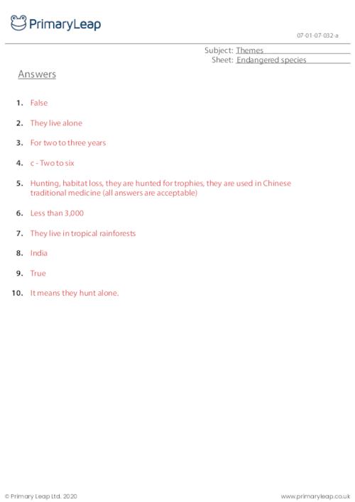 Literacy: Bengal tiger comprehension | Worksheet | PrimaryLeap.co.uk