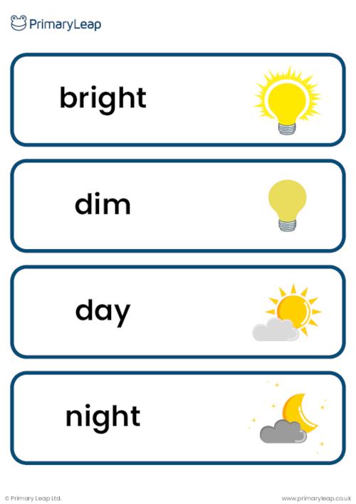 Science: Light vocabulary cards | Worksheet | PrimaryLeap.co.uk