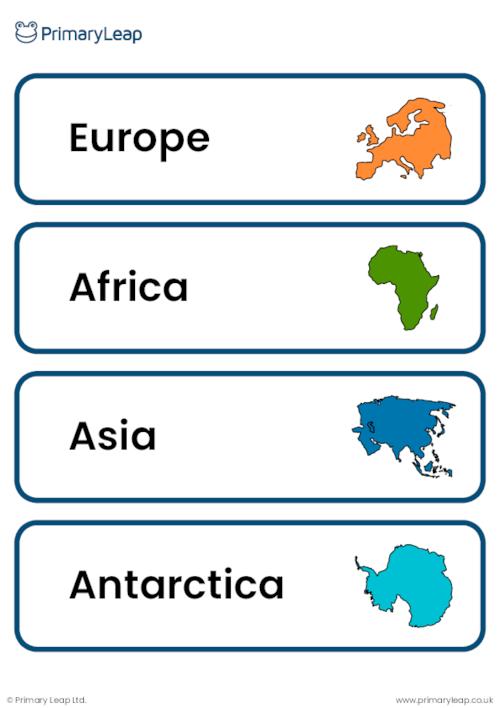 Geography: The Seven Continents Vocabulary Cards | Worksheet | PrimaryLeap.co.uk