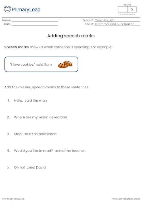 Literacy: Missing speech marks | Worksheet | PrimaryLeap.co.uk