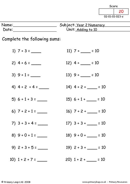 Numeracy: Adding two numbers | Worksheet | PrimaryLeap.co.uk