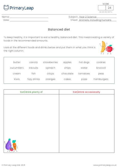 Science: A balanced diet | Worksheet | PrimaryLeap.co.uk