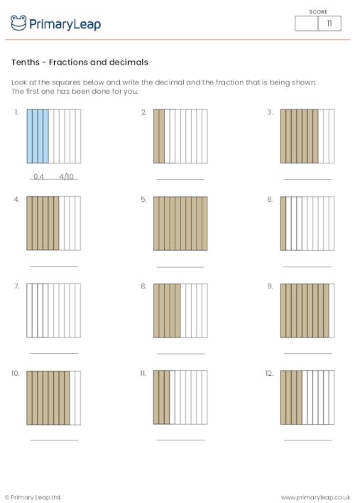 Numeracy: Tenths Fractions and decimals | Worksheet | PrimaryLeap.co.uk