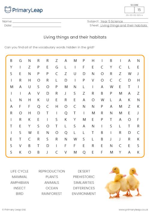 Science: Y5 Living things and their habitats word search | Worksheet | PrimaryLeap.co.uk
