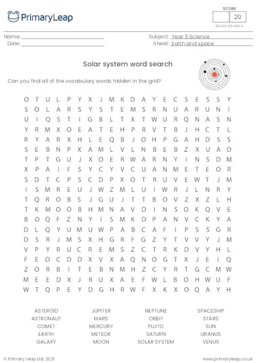 Science: Solar System Word Search | Worksheet | PrimaryLeap.co.uk
