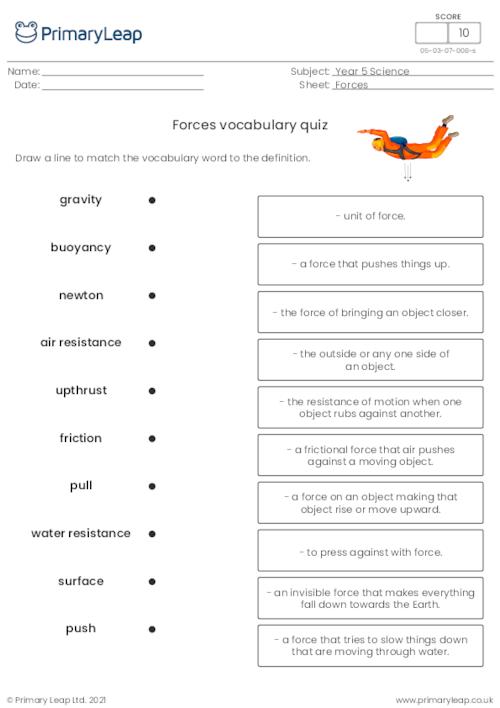Science: Forces vocabulary quiz | Worksheet | PrimaryLeap.co.uk