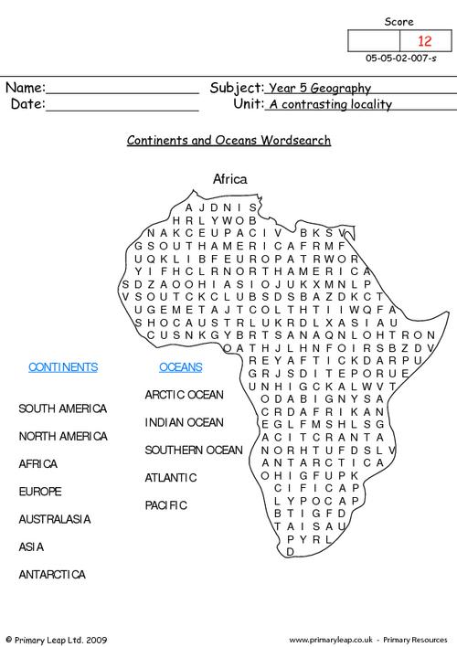 Geography: Continents and Oceans Word search | Worksheet | PrimaryLeap ...