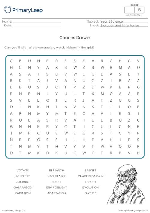 Science: Charles Darwin word search | Worksheet | PrimaryLeap.co.uk