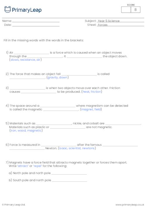 Science: Different types of forces | Worksheet | PrimaryLeap.co.uk