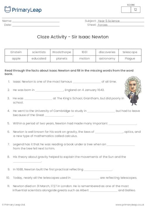 Science: Cloze Activity Sir Isaac Newton | Worksheet | PrimaryLeap.co.uk
