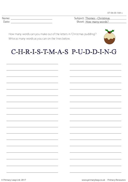 Literacy: Christmas Pudding How Many Words? | Worksheet | PrimaryLeap.co.uk