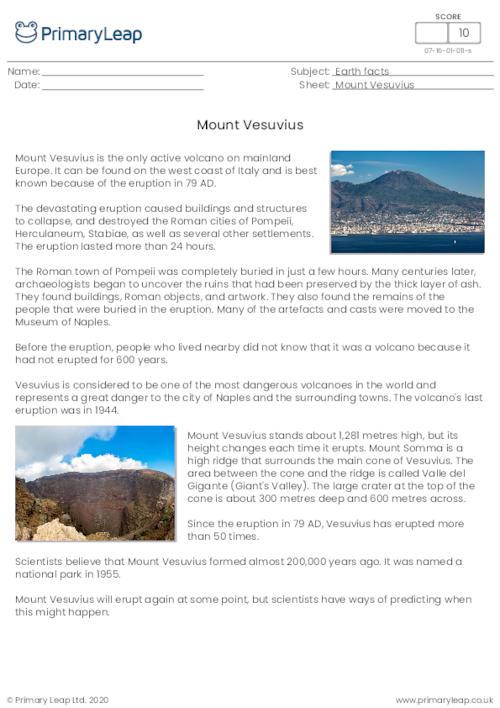 Geography: Reading Comprehension Mount Vesuvius | Worksheet ...