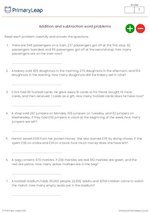 Numeracy: Addition word problems | Worksheet | PrimaryLeap.co.uk