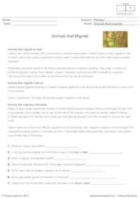Literacy: Reading comprehension Animals that Migrate | Worksheet ...